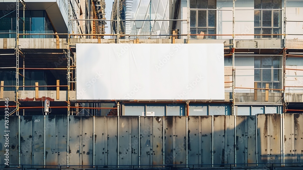 Blank white banner for advertisement on a fence of a building under ...
