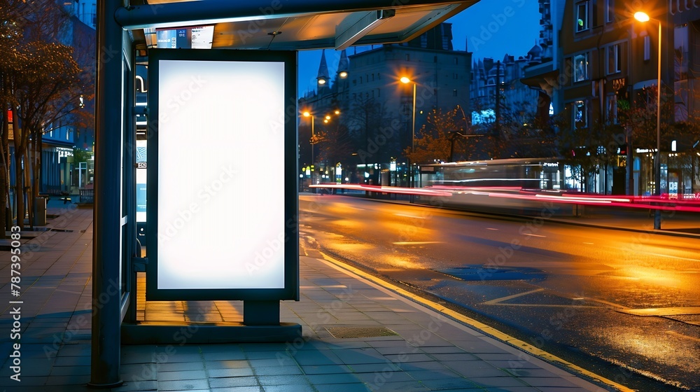 Vertical advertising poster mockup at empty bus stop shelter by main ...