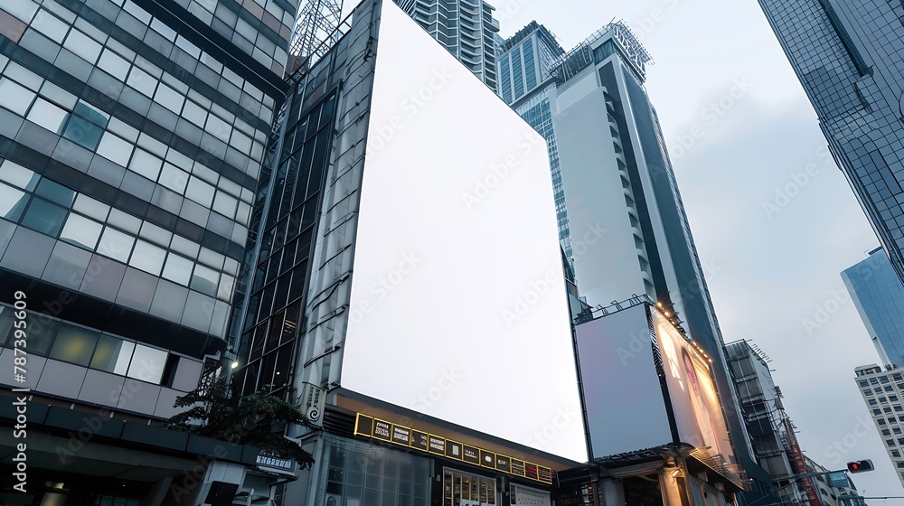 Mock up white large LED display vertical billboard on tower building ...
