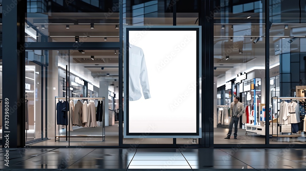 Mockup blank vertical advertising billboard at front of man clothing ...