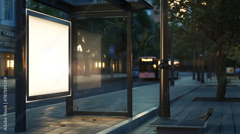 bus shelter at busstop blank white lightbox empty billboard and ad ...