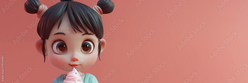 Chibi girl with big eyes and double buns hairstyle holding pink ice ...