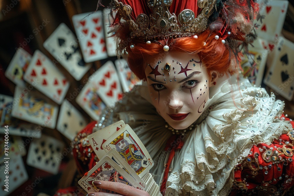 Alice standing before the imposing Queen of Hearts and her deck of ...
