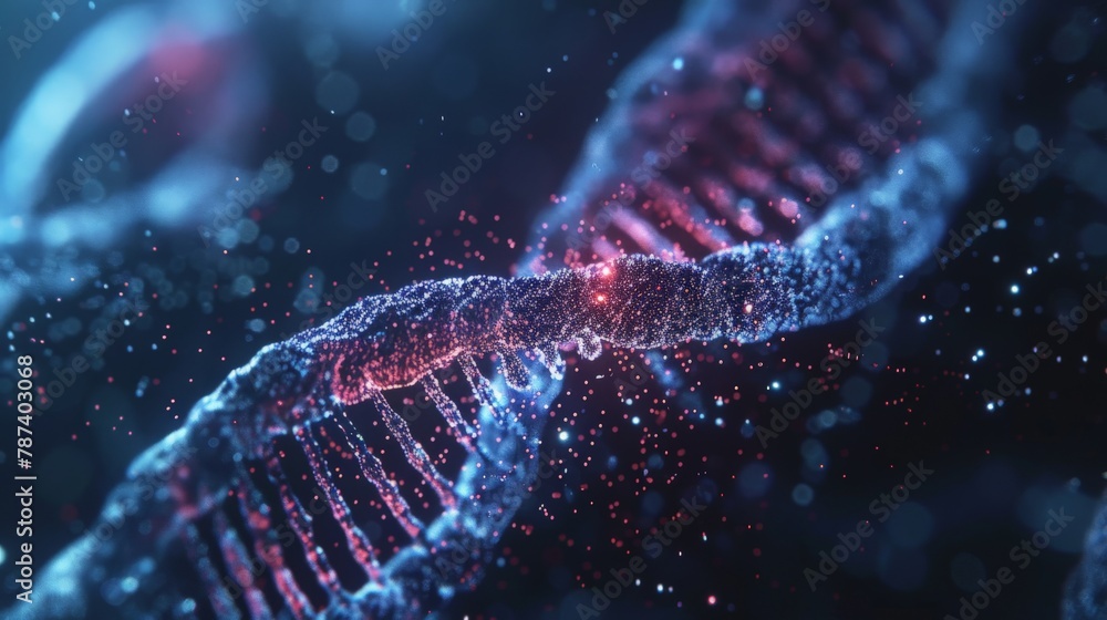 A close-up of a DNA strand morphing into a digital fingerprint ...