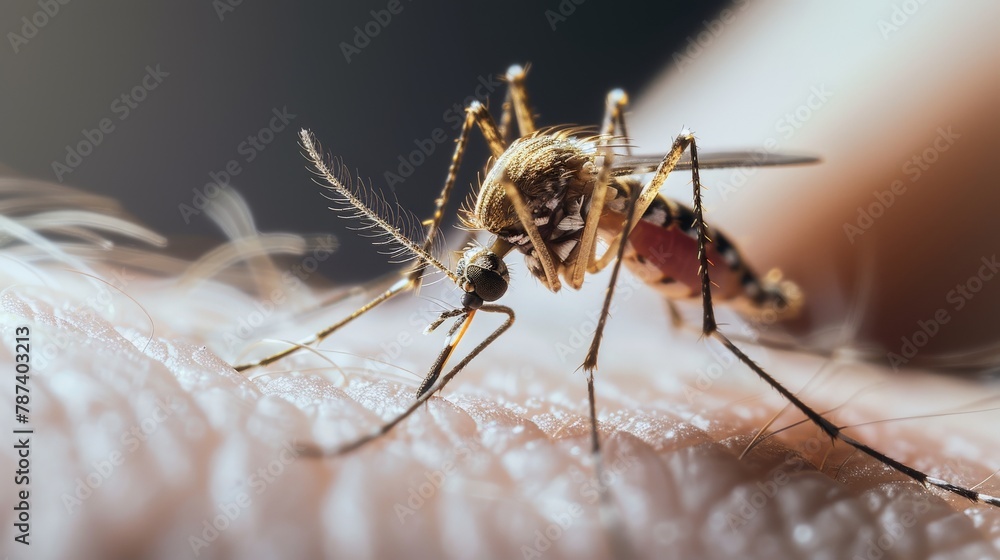 A close-up photo of a mosquito perched on human skin, with its ...
