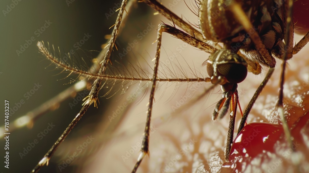 A close-up photo of a mosquito perched on human skin, with its ...