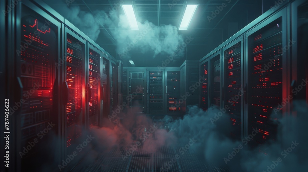 A server room with smoke billowing out and screens displaying error ...