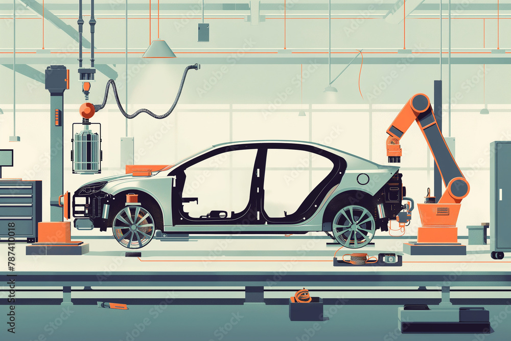 Illustration of a minimalist car assembly workshop with a side view of ...