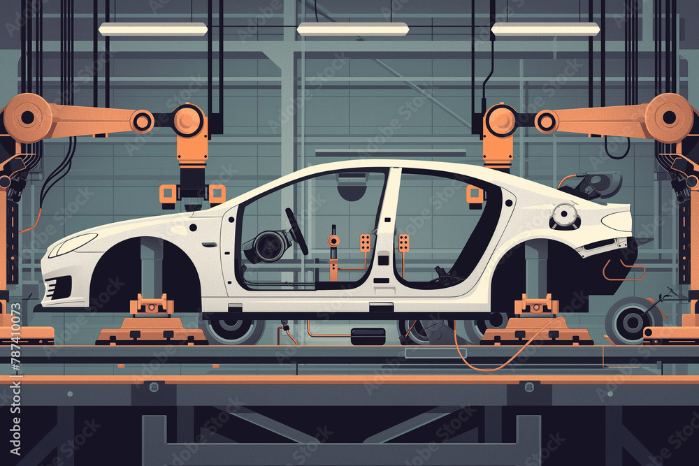 Illustration of a minimalist car assembly workshop with a side view of ...