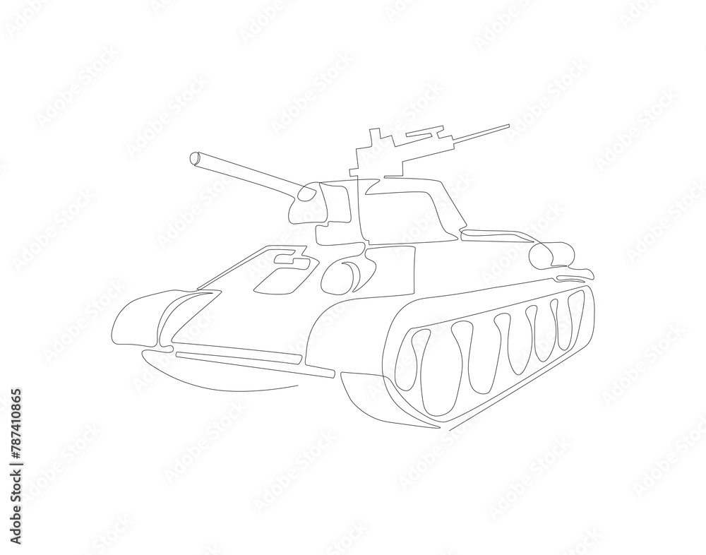 Continuous line drawing of tank. One line of military tank. War vehicle ...