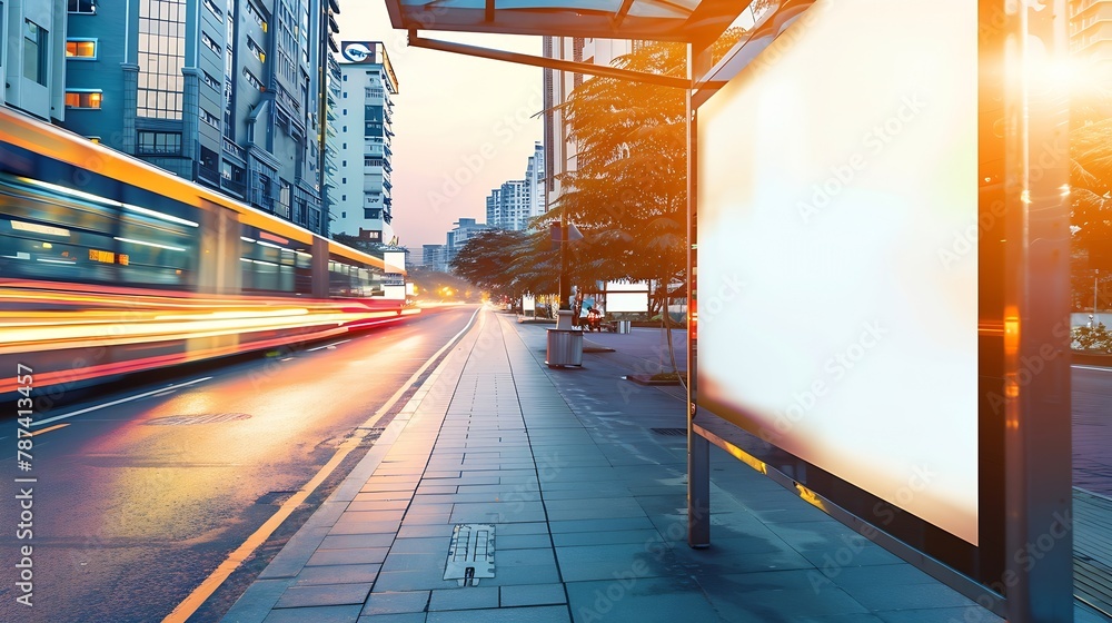 Blank vertical advertising poster banner mockup at empty bus stop ...