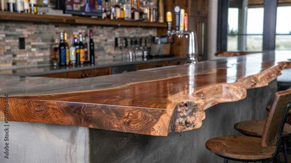The bar area of a bat rec room features a concrete countertop with a ...