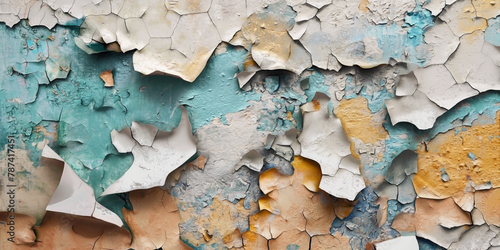 Multiple layers of chipped and peeling paint in aqua and cream colors ...