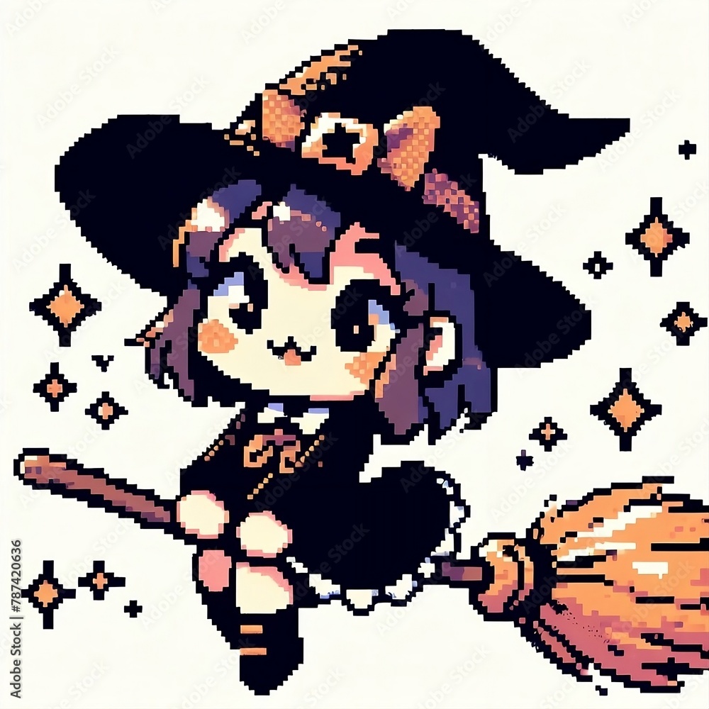 Pixel art witch with broom Stock Illustration | Adobe Stock