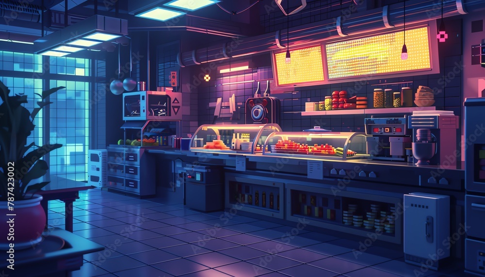 Capture a futuristic, rear-facing kitchen with a pixel art style Employ ...