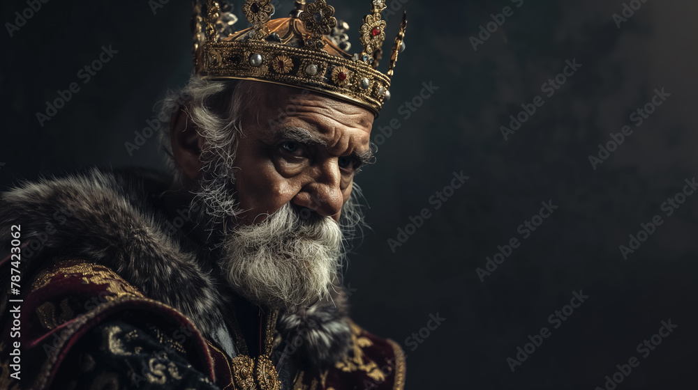 Aged king in regal attire, his stern expression conveying a sense of ...