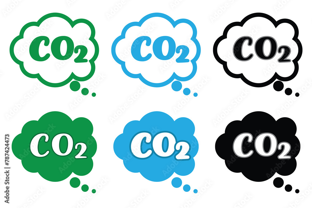 CO2 emission, reduction, neutrality concept vector flat icon set. carbon dioxide pollution ...