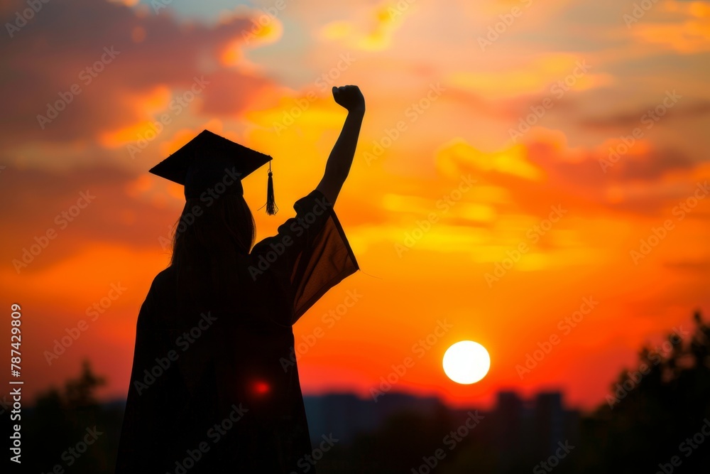 A woman wearing a graduation cap and gown raising her fist in the air ...