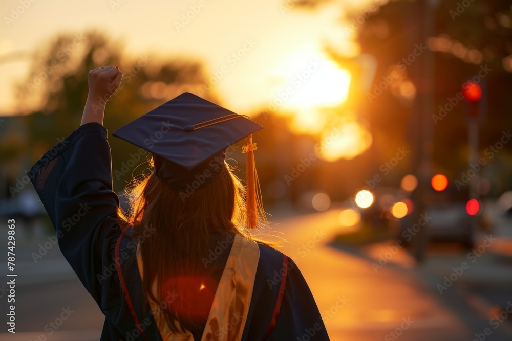 Female college graduate celebrating with fist raised at sunset, close ...