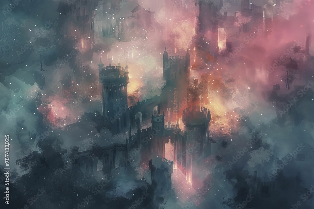 Nighttime aerial shot of a medieval castle with illuminated courtyards ...