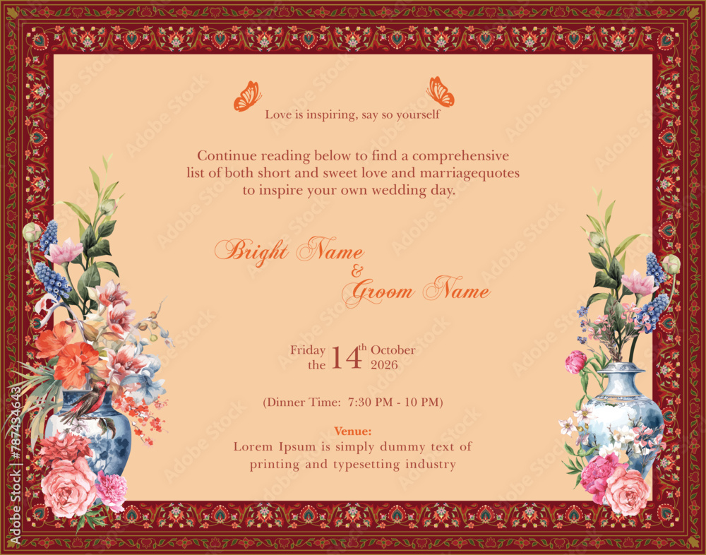 Traditional wedding invitation card design. Beautiful floral wedding ...