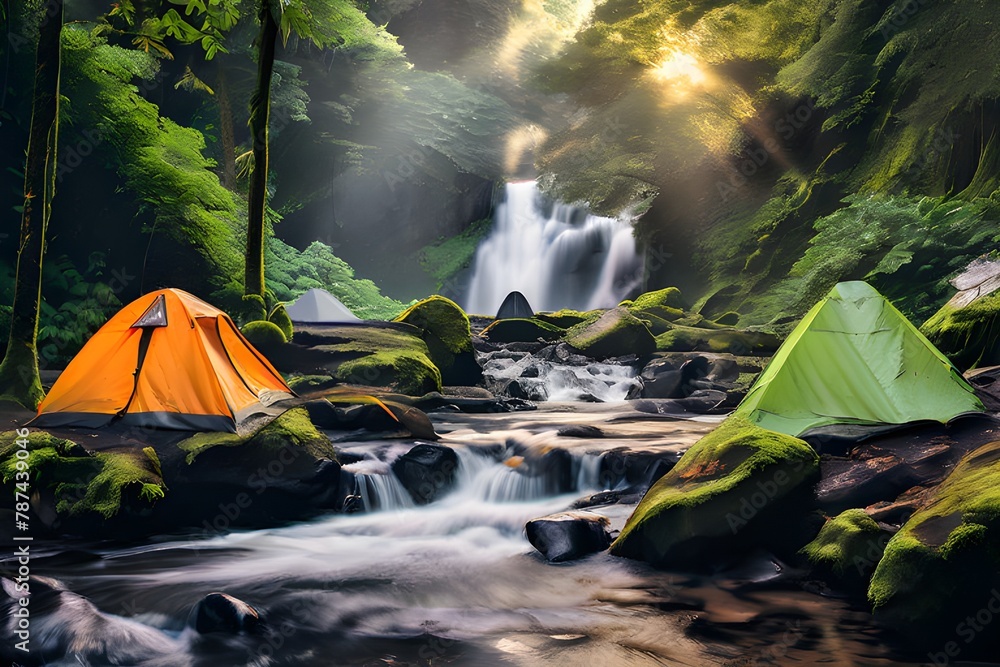 Camping tents in jungle with waterfall, tents pitched on hillsides ...