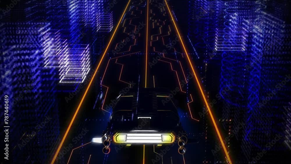 A Futuristic Car Driving Through a Virtual City. Glowing Holographic ...