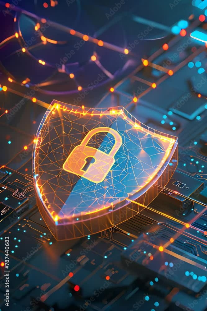 3D illustration of a digital security shield with a padlock icon ...