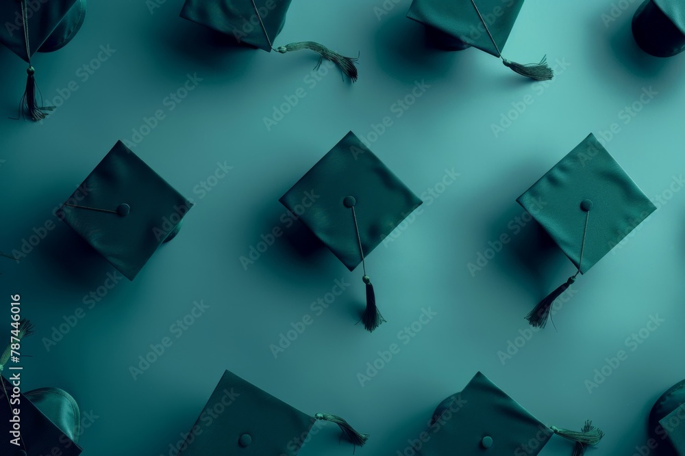 A pattern of dark green graduation caps on a blue background ...