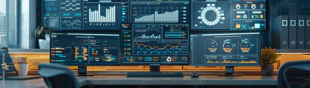 A desktop with screens displaying graphs and data analytics tools, a ...