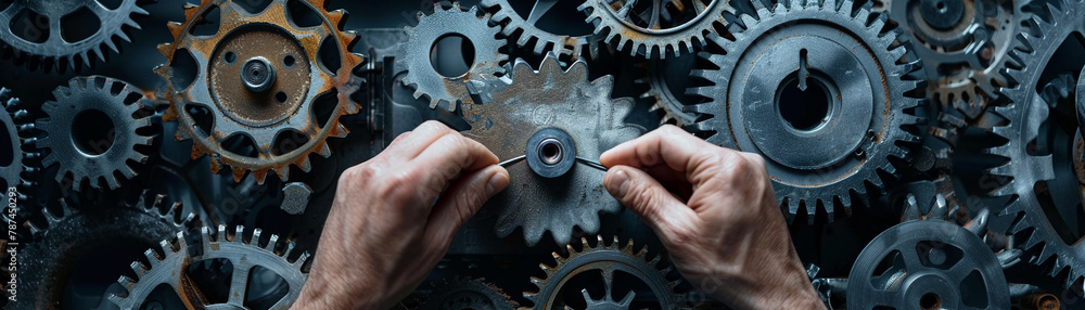 A machine of interconnected cogs, with hands adjusting and fine-tuning ...