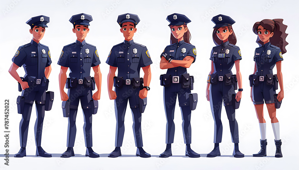 Cartoon style 2d flat image of a group of police officers in uniform ...