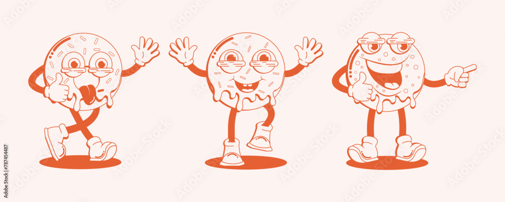 Trendy set with retro comic book characters donuts of the 80s. Mascots ...