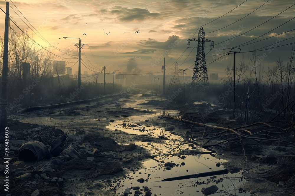 dystopian futuristic countryside landscape with power plants in the ...
