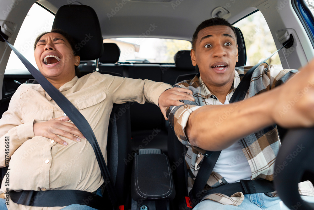 Shouting pregnant woman feeling pain and contractions, lady grabbing ...