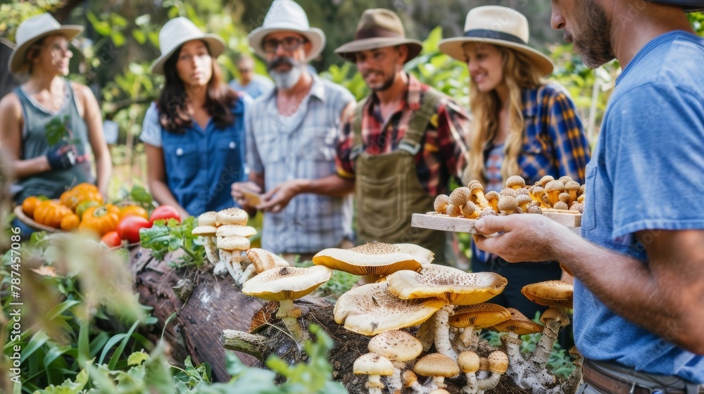A group of people dressed in gardening gear gather around a mushroom ...