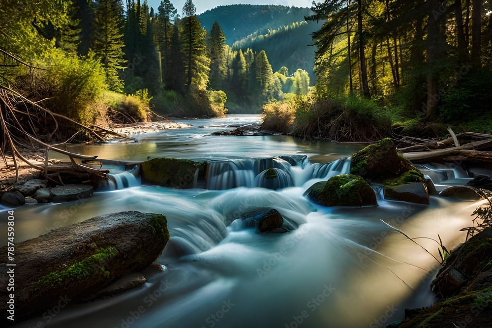 A close-up shot of a wilted and polluted river flowing through a forest ...
