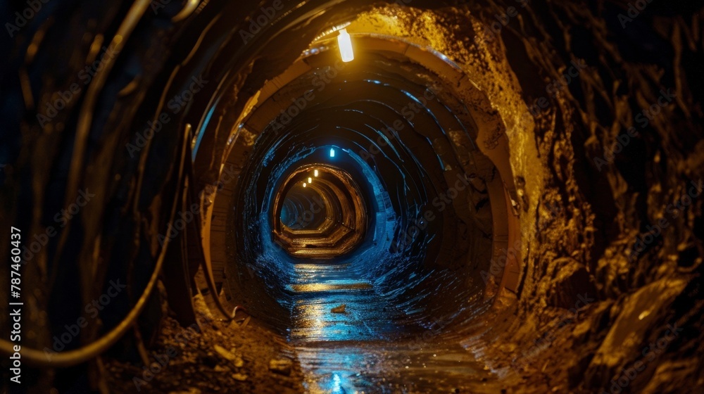 A maze of dark narrow tunnels lit only by the dim flickering light of ...