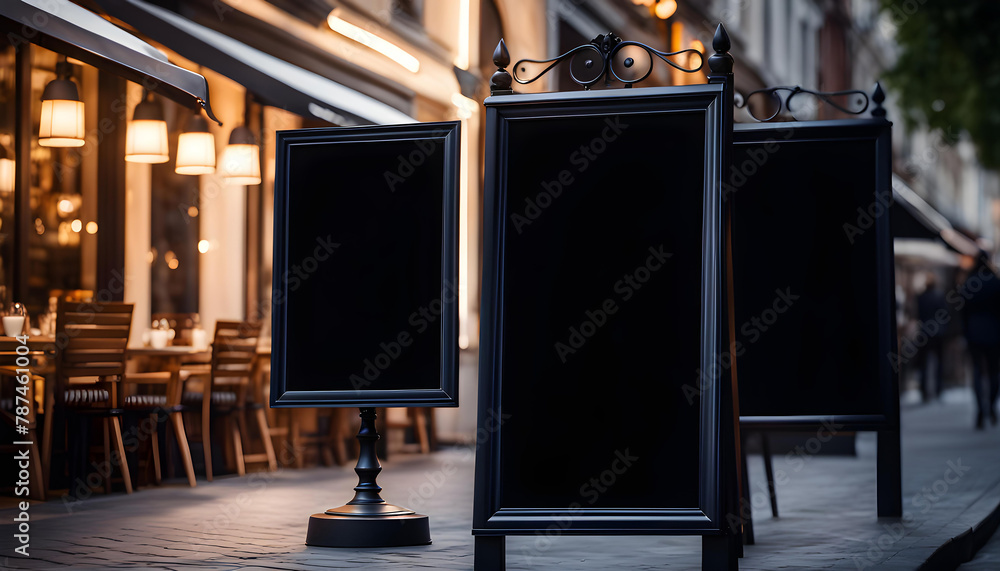 Blank blackboard restaurant shop sign or menu boards near the entrance ...