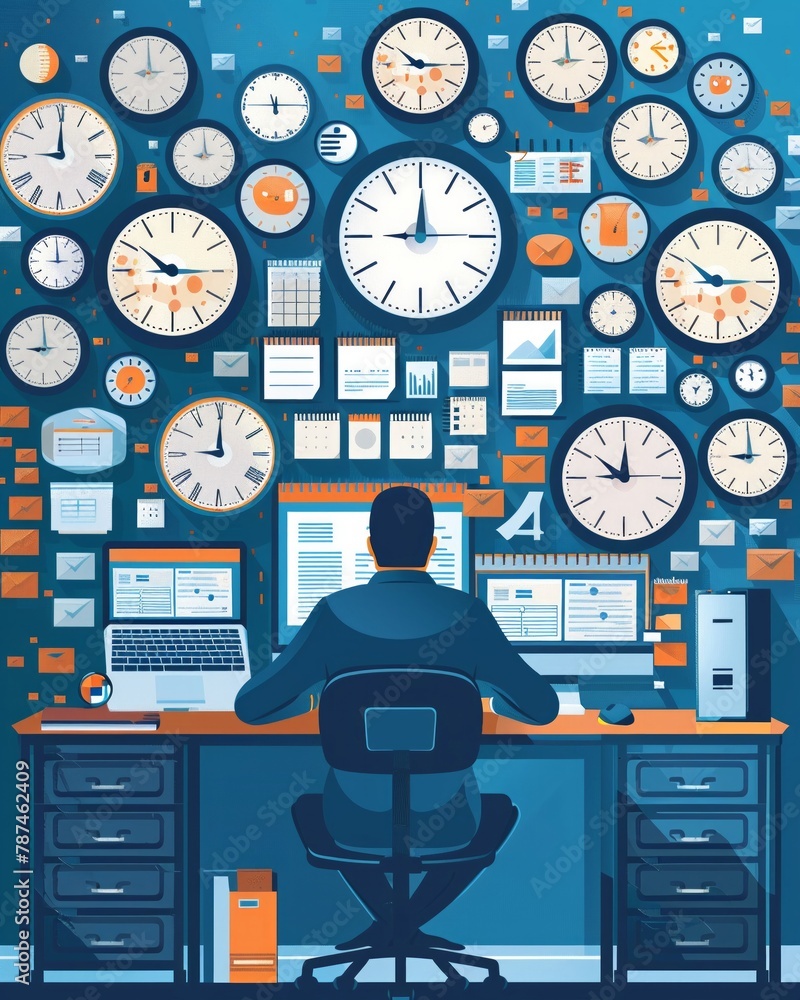 A digital workspace with multiple clocks and calendars, an employee ...