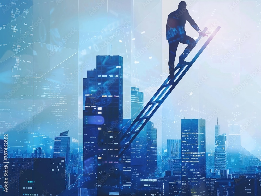 Animated sequence of a person climbing a ladder against a city skyline ...