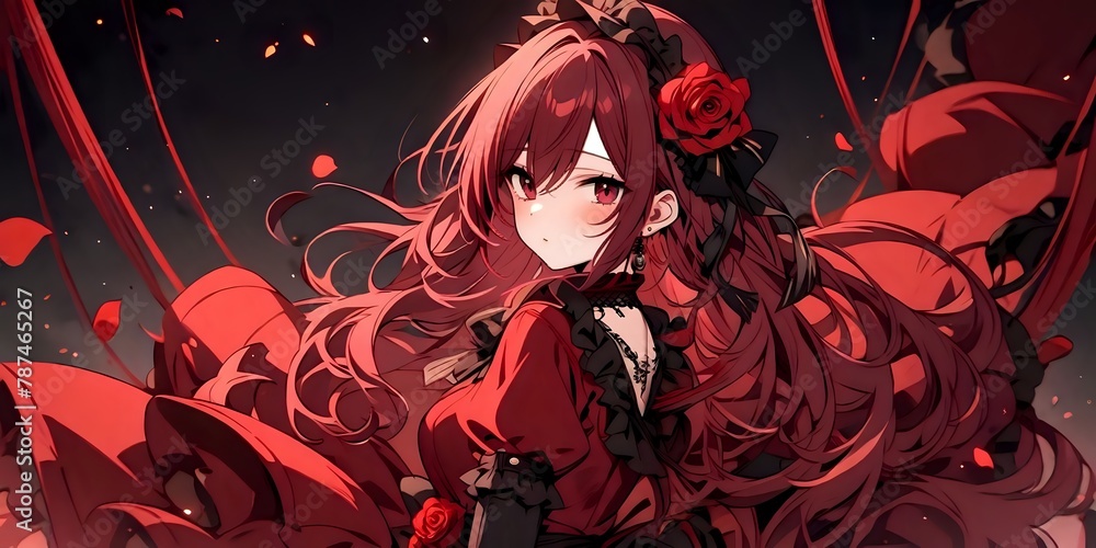 Cute anime girl in red dress, illustration, anime background Stock ...