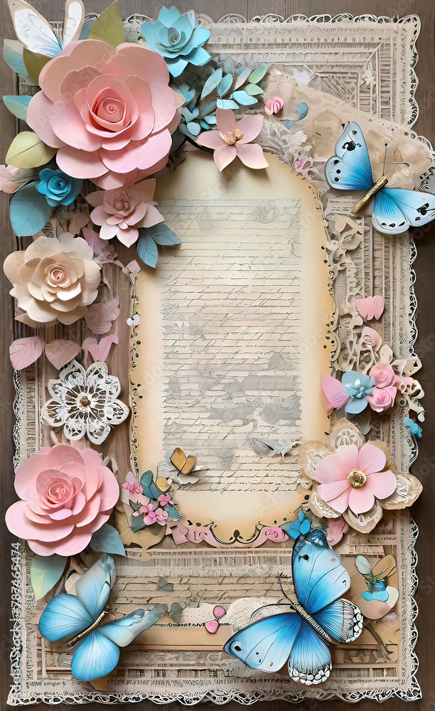 Decoupage sheet, rustic wooden lace paper with handwritten text, pastel ...