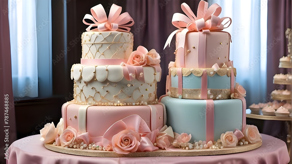 A colossal birthday cake resembling a larger-than-life gift box, with ...