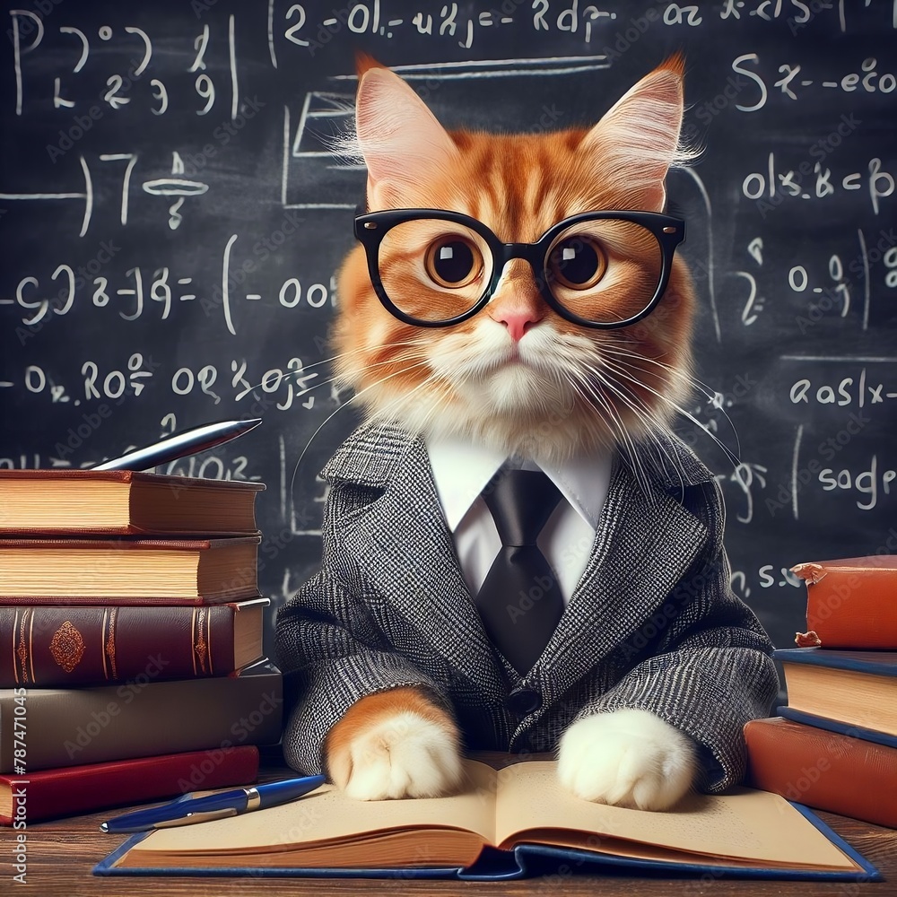 Funny cat professor at school, university, college, with books, in a suit and glasses against ...