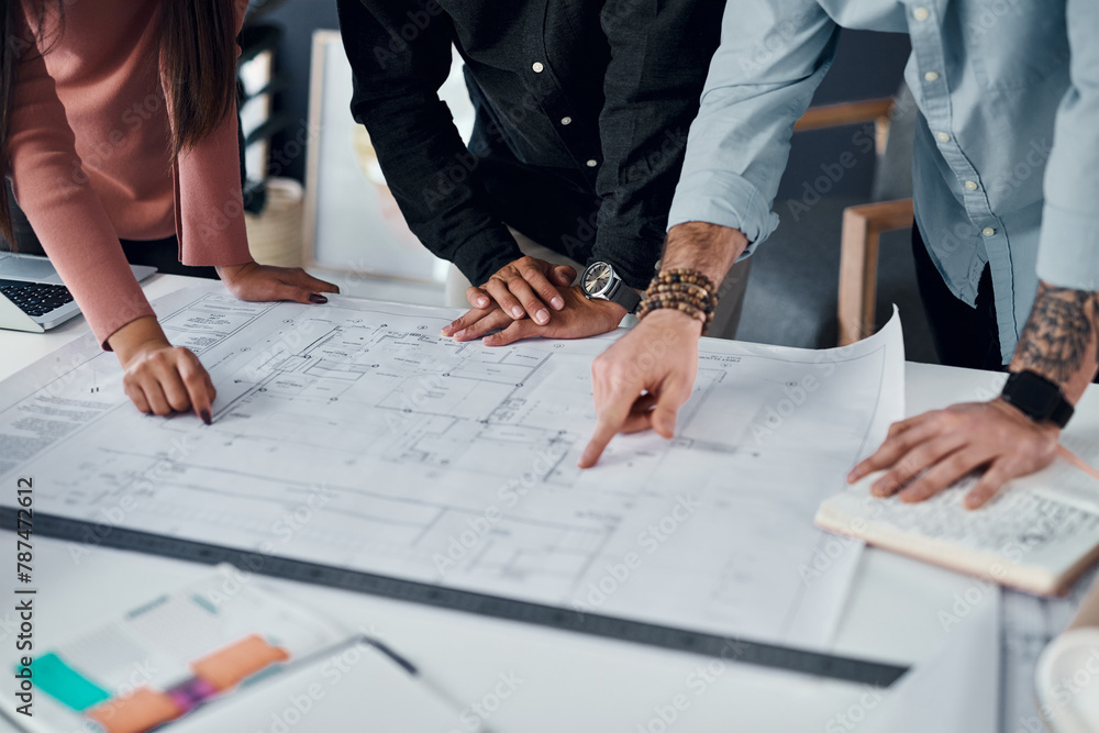 Architecture, collaboration or hands with blueprint in office for ...