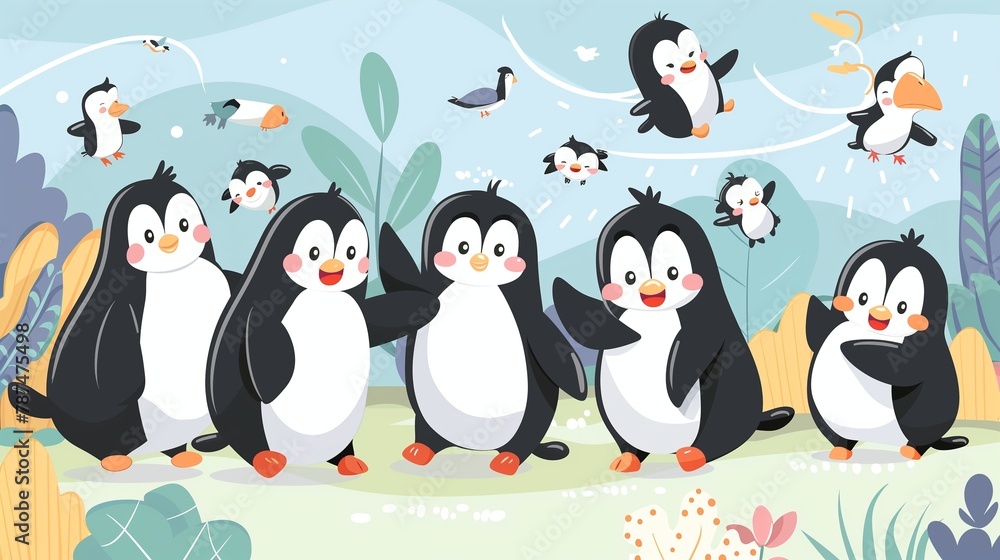 delightful scene featuring cartoon penguin characters gathered together ...
