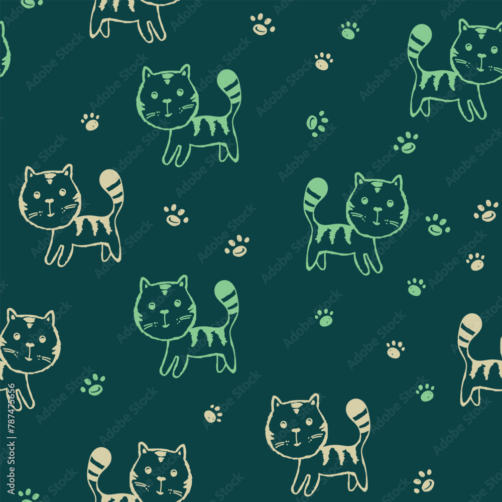 Seamless pattern with cute kitten print. Different scandy cats on color ...