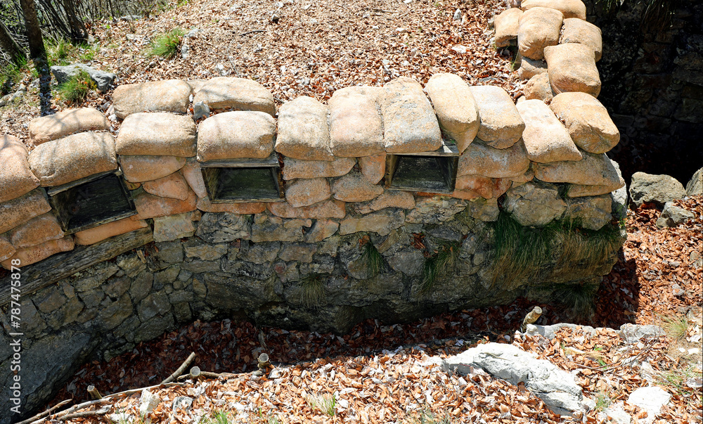 trench dug in the ground and lined with sandbags to protect soldiers ...