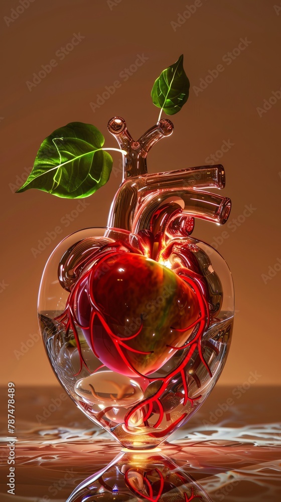 A glass heart with red veins and an apple inside, a glowing leaf on top ...